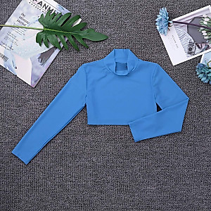 ranrann Kids Girls Long Sleeves Athletic Crop Top Mock Neck Yoga Active Sports Gymnastic Ballet Dance Dancewear Light_Blue 10