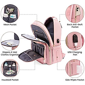 LOVEVOOK Diaper Bag Backpack, Quilted Baby Bag with Changing Pad & Pacifier Holder, Waterproof Travel Diaper Bags with USB Charging Port for Baby Boys Girls, Stylish and Large Capacity,Pink