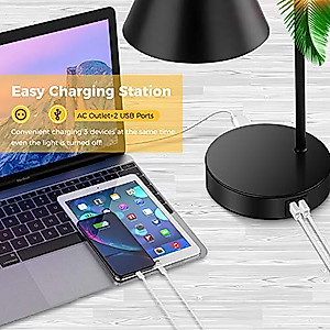 Industrial Dimmable Desk Lamp with 2 USB Charging Ports AC Outlet, Touch Control Bedside Nightstand Reading Lamp Flexible Head, Black Metal Table Lamp for Bedroom Office Living Room, Bulb Included