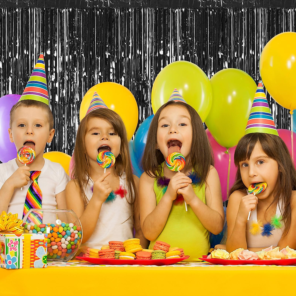 Black Fringe Curtain Party Streamers, 12 Pack 3.3ft x 8.2ft Foil Curtain Backdrop Tinsel Foil Fringe Curtains Photo Booth Backdrop Streamer for Birthday, Wedding, Baby Shower, Disco Party