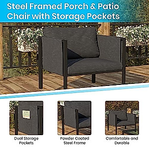 Flash Furniture Lea Indoor/Outdoor Patio Chair with Cushions - Modern Steel Framed Chair with Storage Pockets, Black with Charcoal Cushions