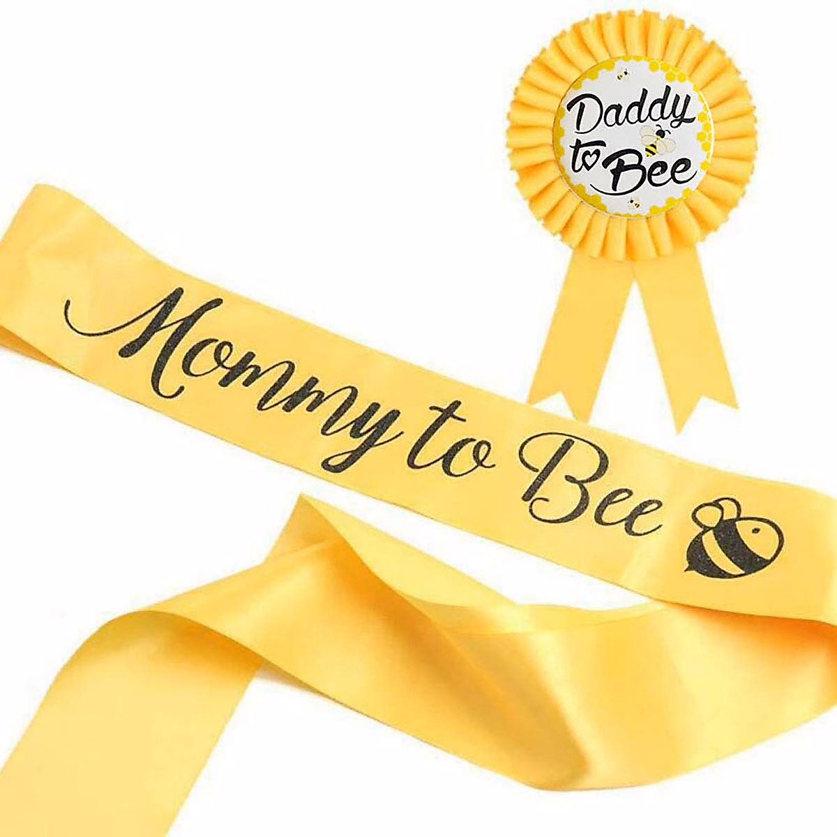 LINGAIXINYUE Baby Shower Decorations -'Mommy to Bee' Gold Sash and 'Daddy to Bee' Tinplate Badge Combo Kit Baby Shower Party Favors Decorations Gift for Pregnant Party Deco