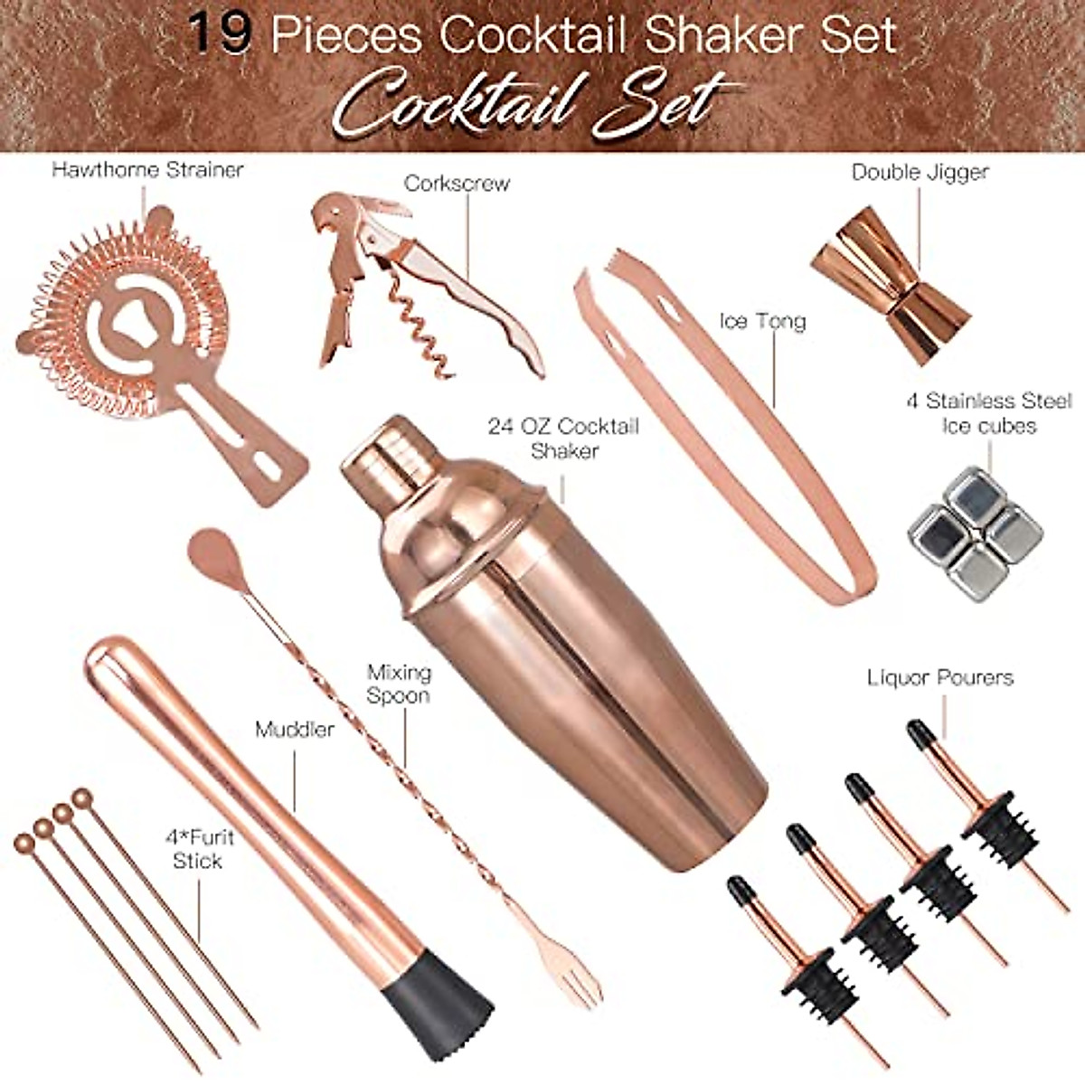 19pcs Cocktail Shaker Set Bartender Kit, 24oz Cocktail Shaker Drink Mixer Rose Gold Stainless Steel Bar Set with Muddler for Cocktails, Cocktail Picks, Mixing Spoon, Strainer, Jigger, Bar Accessories