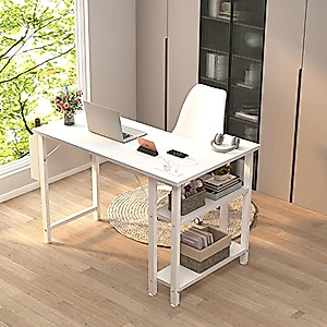 Lufeiya White L Shaped Computer Desk with Power Outlet Shelves, 40 Inch Small Corner Desk for Small Space Home Office, L-Shaped Desk PC Desks, White