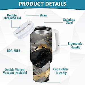 ALAZA Black & Gold Marble Mountain 40 oz Tumbler Stainless Steel Water Bottle Vacuum Insulated Cup with Straw Lid & Handle For Travel Car Cup Holder