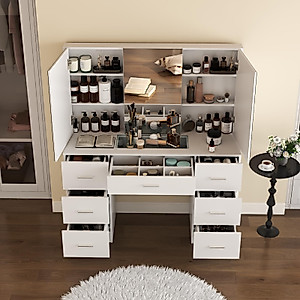 Makeup Vanity Desk with Large Mirror, 46" Modern Vanity Table with Wide Cabinet Mirrors, White Vanity with Tempered Glass Top & 7 Drawers. Makeup Table with adjustable shelf for bedroom(White)