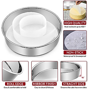 E-far 8 Inch Cake Pan Set of 2, Stainless Steel Round Layer Cake Baking Pans with Parchment Rounds & Side Liner Roll, Non-Toxic & Healthy Metal Cakes Tin, Straight Side & Dishwasher Safe