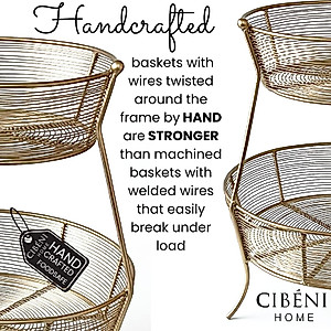 CIBENI Gold Fruit Basket Stand - 13" x 15"H Handcrafted 2 Tier Fruit Basket for Kitchen Counter Fruit Holder for Kitchen Countertop - Gold