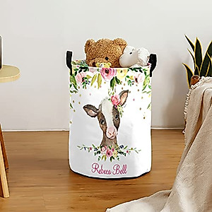 Girl Farm Cow Floral Personalized Laundry Hamper with Handles Waterproof,Custom Collapsible Laundry Bin,Clothes Toys Storage Baskets for Bedroom,Bathroom Decorative Large Capacity 50L