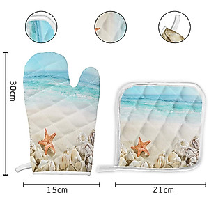 Sandy Beach Set of Oven Mitt and Pot Holde Starfish Seashell Theme Oven Gloves Heat Resistance Non-Slip Surface for Kitchen BBQ Cooking Baking Grilling