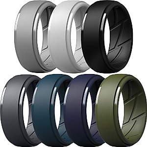 ThunderFit Silicone Rings for Men, Breathable Air Flow Grooves Rubber Wedding Bands 10mm Wide 2.5mm Thick - 1/2/3/4/5/6/7 Variety Multipack