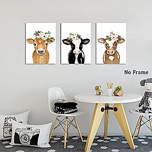 Cute Cow Canvas Wall Art Baby Animal Picture for Nursery Farm Animal Wall Decor Cow with Flowers Poster Baby Cow Cattle Painting with Flower Crown Artwork Brown Cow Wall Art 16x24inchx3pcs No Frame