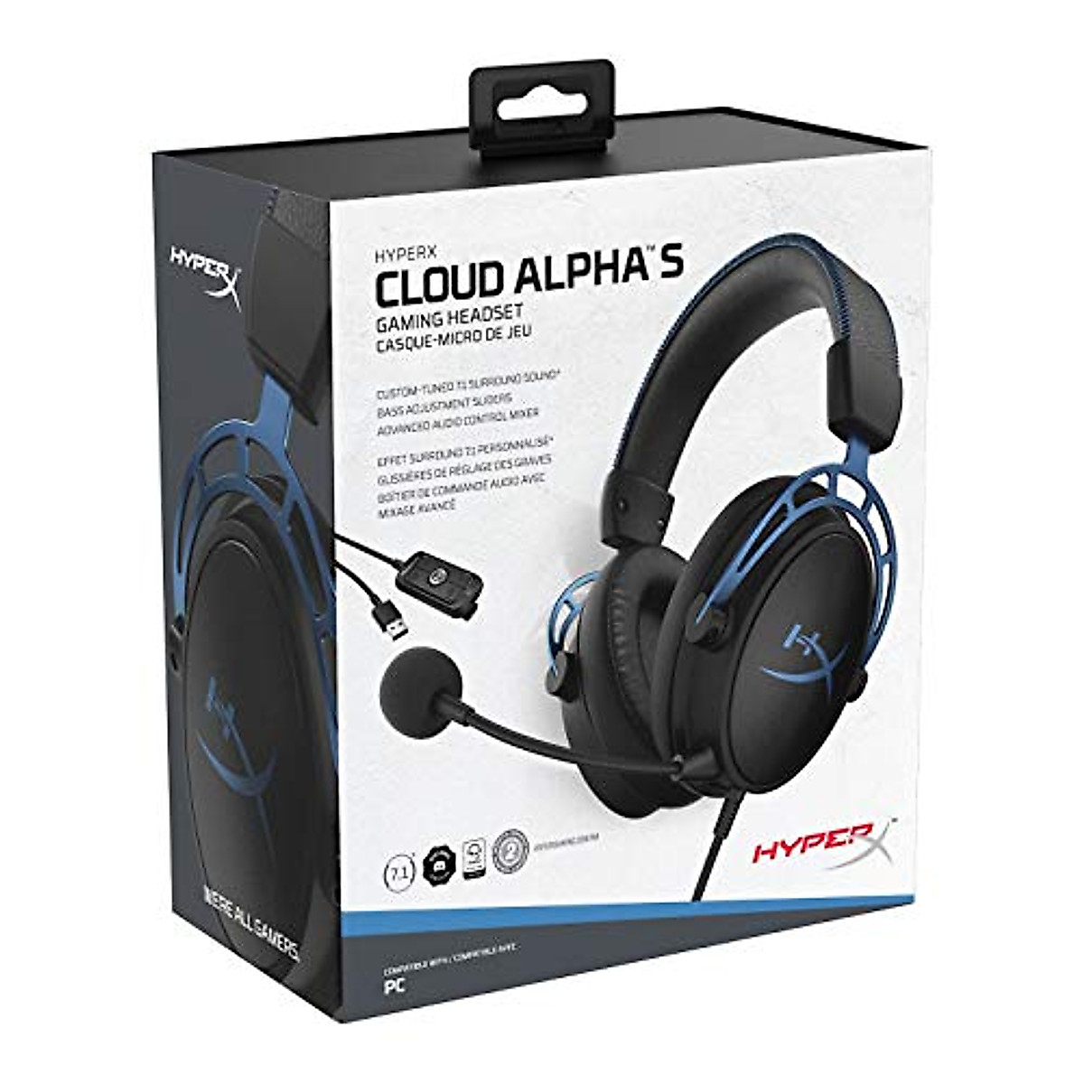 HyperX Cloud Alpha S - PC Gaming Headset, 7.1 Surround Sound, Adjustable Bass, Dual Chamber Drivers, Chat Mixer, Breathable Leatherette, Memory Foam, and Noise Cancelling Microphone - Blue