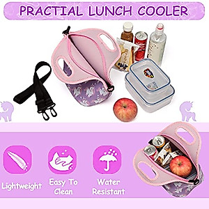 Lunch Box Bag for Girls,VASCHY Neoprene Insulated Lunch Tote with Detachable Adjustable Shoulder Strap in Pink Unicorn