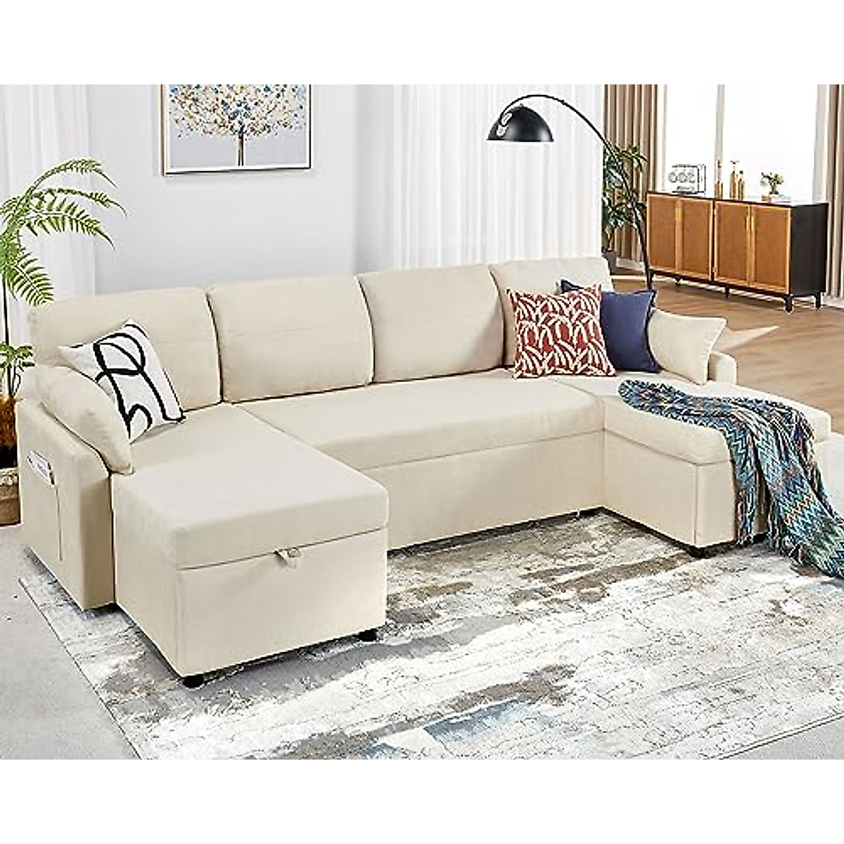 VanAcc Sleeper Sofa, 110 inch Overisze - 2 in 1 Pull Out Bed, Sectional Sleeper Sofa with Double Storage Chaise for Living Room, Beige Chenille Couch