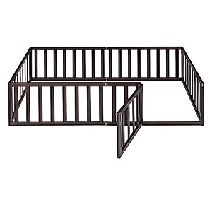 LZ LEISURE ZONE Twin Size Platform Bed with Fence, Solid Wood Floor Bed Frame with Door, Twin Size Daybed Fram, Espresso