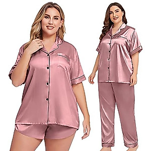 SWOMOG Silk Satin Pajama Set for Plus Size Women Short Summer Pajamas Set Loose Button-Down Pjs Rose Pink 24W Sleepwear