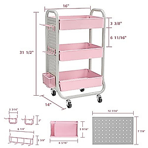 EUREKA ERGONOMIC 3 Tier Rolling Utility Cart, Metal Craft Art Organization Cart Storage Trolley w Handle, Locking Wheels, Pegboard & Storage Basket Hook for Office Kitchen Bathroom Laundry Room, Pink