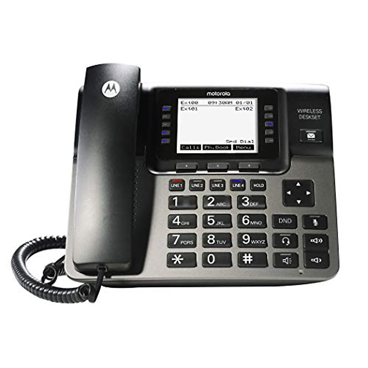 Motorola ML1002D DECT 6.0 Expandable 4-line Business Phone System with Voicemail, Digital Receptionist and Music on Hold, Black, Base Station + 2 Wireless Desk Sets