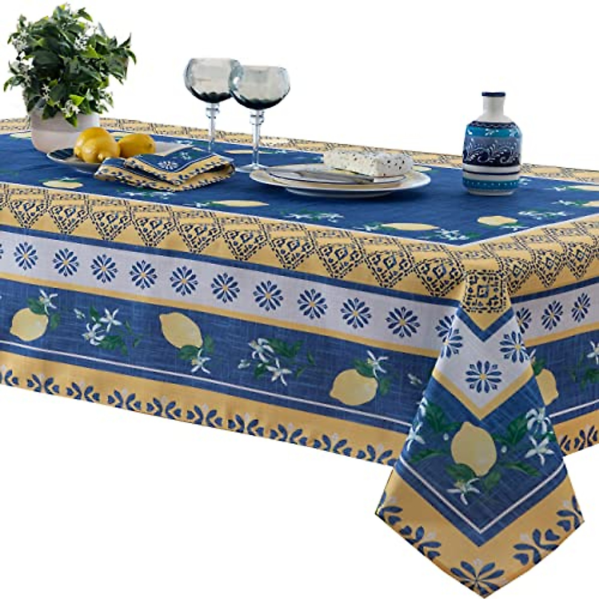 Home Bargains Plus Provence Blue Lemon Mediterranean Garden Country French Fabric Tablecloth, Indoor Outdoor, Stain and Water Resistant, Wrinkle Free Tablecloth, 60” x 144” Oblong/Rectangle