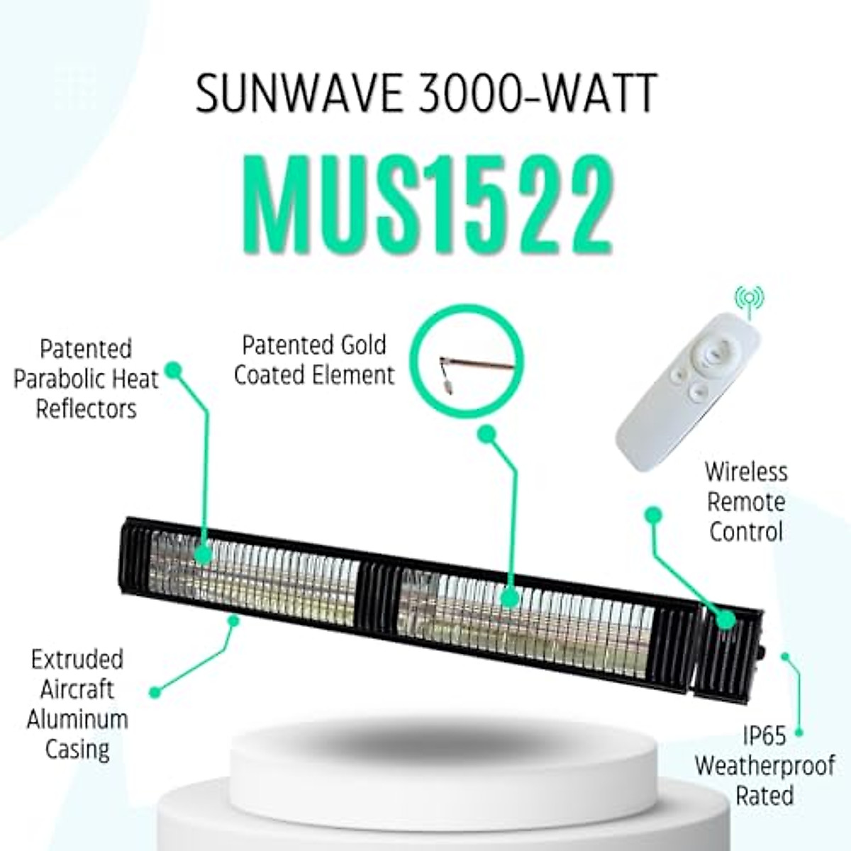 Sunwave 3000 Watt Infrared Patio Heater Tungsten Ultra Quartz Low Glare with Remote control and 3 power levels, 11,028 BTU Max output By Muskoka Lifestyle Products USA (Black)
