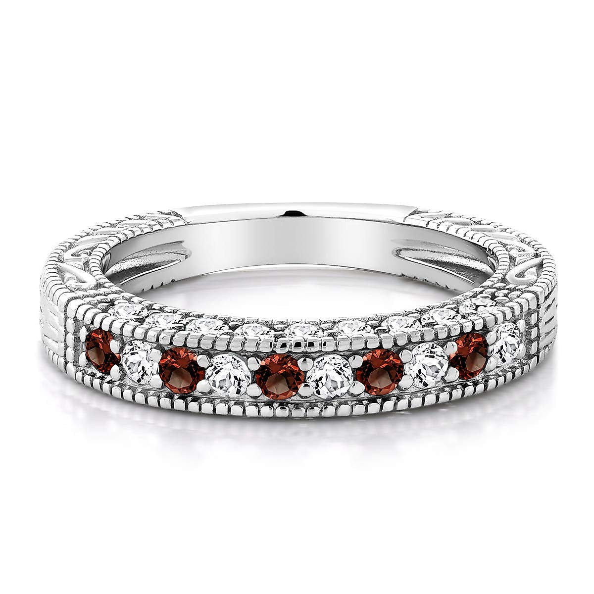 1.00 Ct Garnet and White Created Sapphire 925 Sterling Silver Ladies Anniversary Wedding Band Ring,Red and White, ring size 8