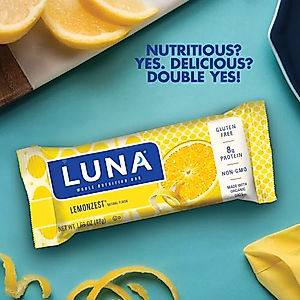 LUNA Bar - LemonZest Flavor - Gluten-Free - Non-GMO - 7-9g Protein - Made with Organic Oats - Low Glycemic - Whole Nutrition Snack Bars - 1.69 oz. (12 Pack)