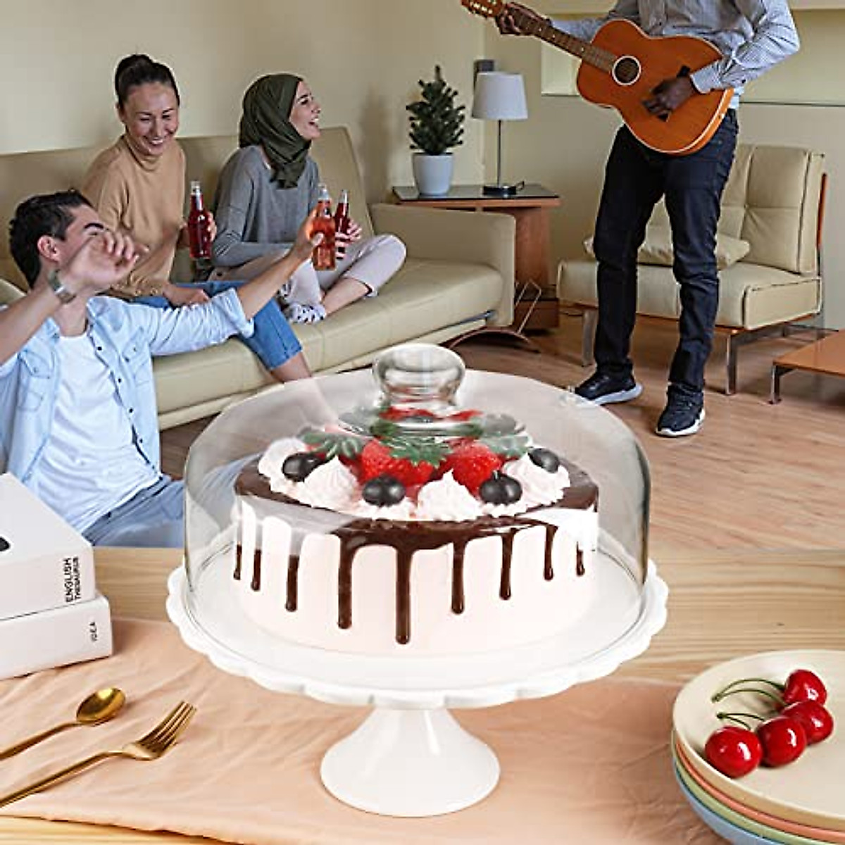 11 Inch Porcelain Cake Stand with 10 Inch Glass Dome Cover, ANMEISH White Ceramic Cake Stand with Lid
