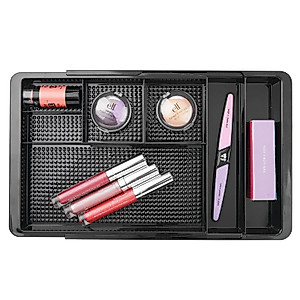mDesign Adjustable, Expandable Divided Office Desk Drawer Organizer Tray for Office Supplies, Gel Pens, Pencils, Markers, Tape, Erasers, Paperclips, Staples - 7 Compartments, 1.25" High - Black