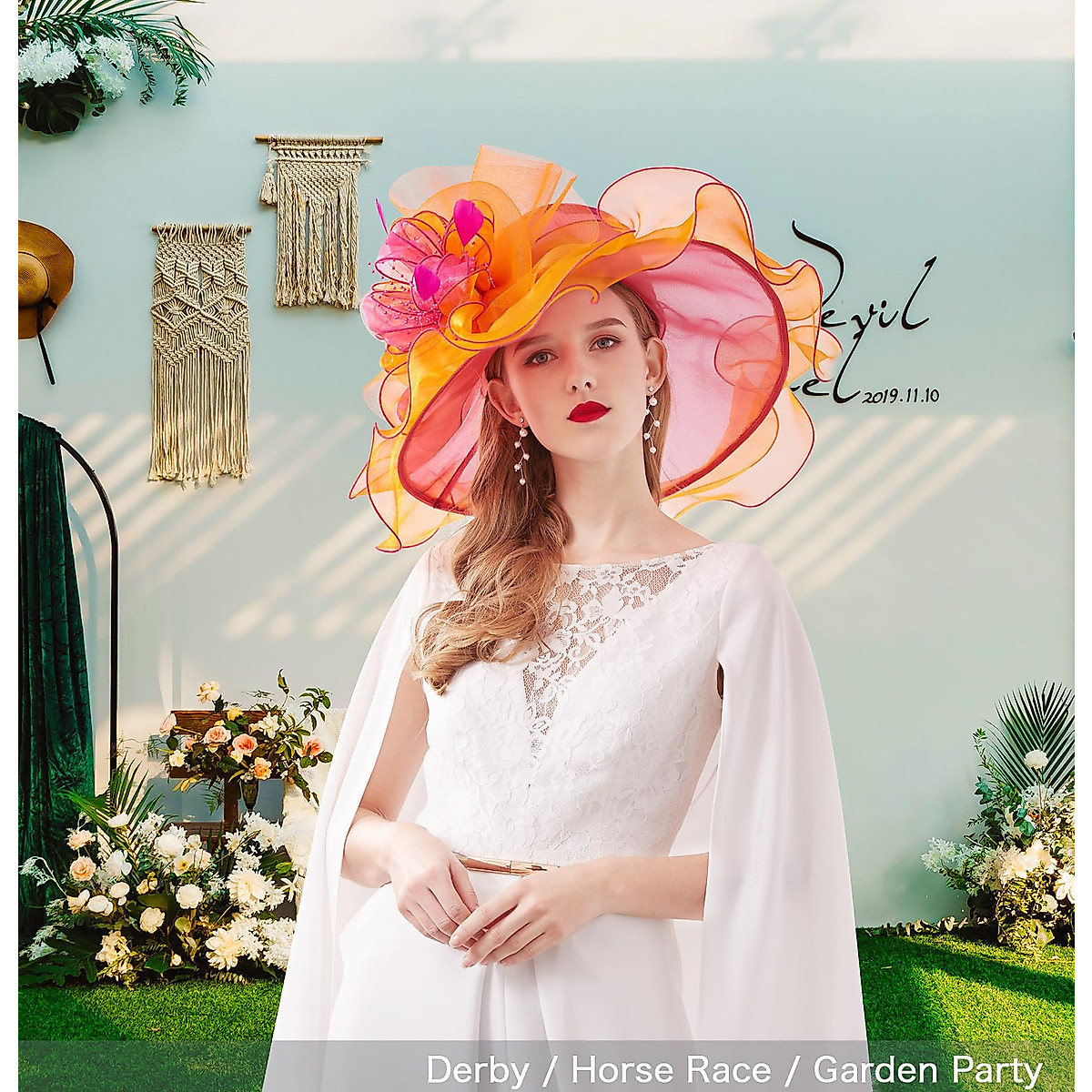Z&X Women's Organza Church Fascinator Hair Clip Bridal Wedding Tea Party Hat Wide Brim Anti-UV Sun Hat Orange Rose