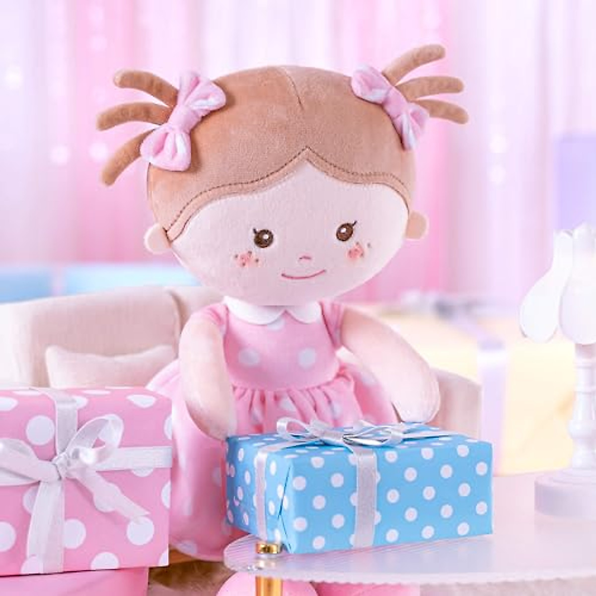 Onetoo Plush Rag Doll Sleeping Cuddle Buddy Doll Soft Baby Doll for Girls First Baby Doll Wear Pink Skirt Dress 14"（Milly Series）