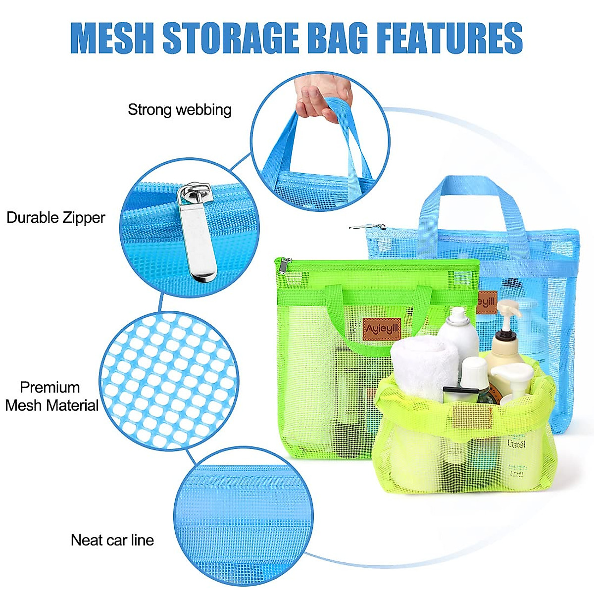 3 Pcs Portable Mesh Shower Caddy Tote, Quick Dry Tote Bag Mesh Beach Bags for Women, Hanging Toiletry and Bath Organizer for Travel Swimming Sports Gym Camp Shopping College Dorms (Blue Green Yellow)