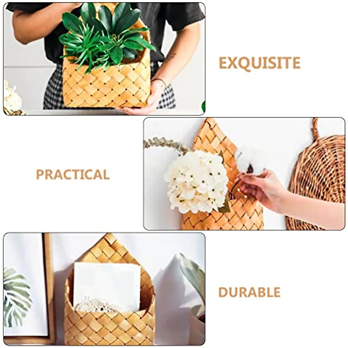 Cabilock Air Plants Hanging wicker basket Hand- Woven Wood Storage Basket Magazine Basket Wall Hanging Flower Holder Wooden Plants Basket for Plants Succulent Wall Decor