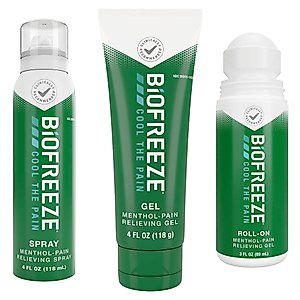 Biofreeze Pain Relief Roll-On, Gel & Spray, Knee & Lower Back Pain Relief, Sore Muscle Relief, Neck Pain Relief, FSA Eligible, Assortment Pack (Menthol 3 FL OZ Roll-On, 4 FL OZ Gel, 4 FL OZ Spray)