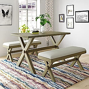 UBGO Chair for 4, 3 Piece Modern Leisure Set with 2 Upholstered Bench Rectangular Table for Kitchen, Dining Room, Restaurant, Apartment Small Space Furniture, Gray Green