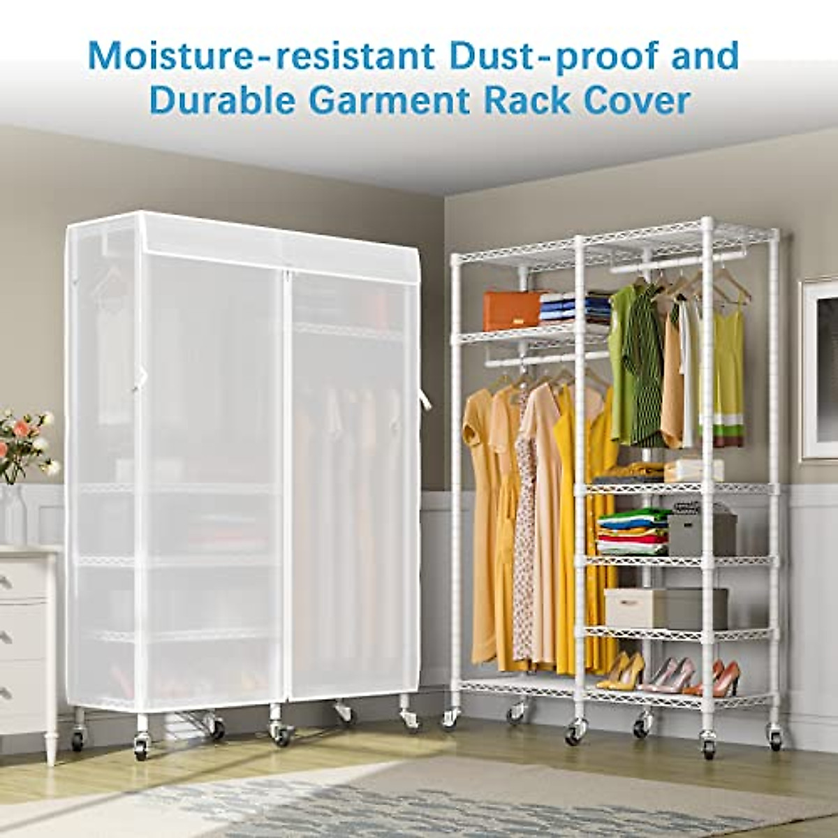 VIPEK R4C Garment Rack Rolling Clothes Rack 6 Tiers Heavy Duty Adjustable Wire Portable Closets with Lockable Wheels Wardrobe White Metal Clothing Rack with Frosted Translucent Cover, Max Load 620lbs