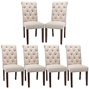 COLAMY Button Tufted Dining Chairs Set of 6, Accent Parsons Diner Chair Upholstered Fabric Dining Room Chairs Stylish Kitchen Chairs with Solid Wood Legs and Padded Seat - Dark Beige