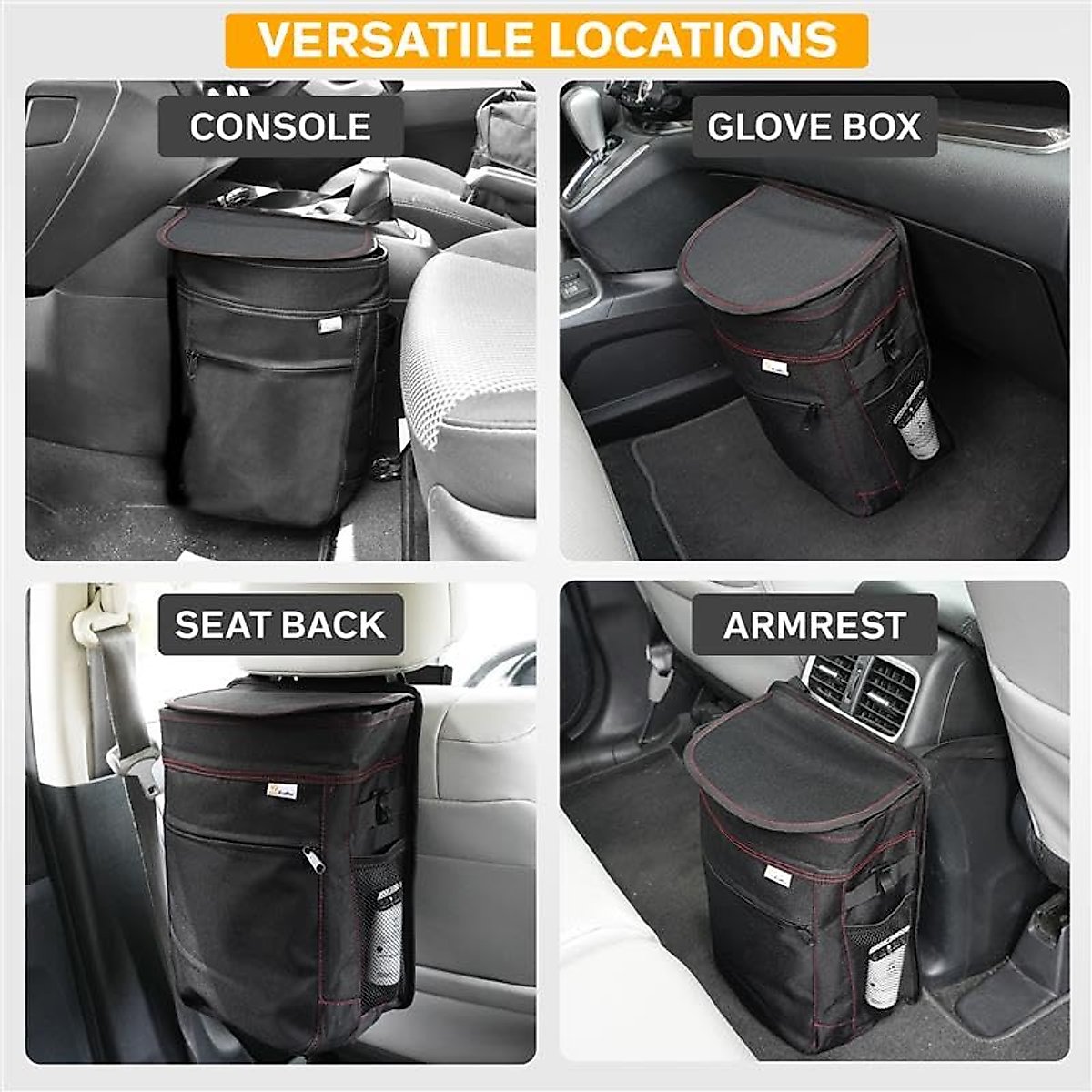 EcoNour Car Trash Can with Lid & Storage Pockets | Waterproof Garbage Can | Hanging Trash Bin with Removable Inner Bag | Trash Can for SUVs, Trucks & More | Black