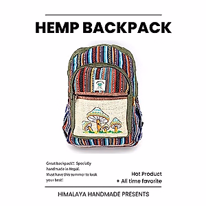Unique Mushroom Embroidered Tie Dye Himalaya Hemp Large Hippie Backpack Festival Backpack FAIR TRADE Handmade with Love. (GREEN)