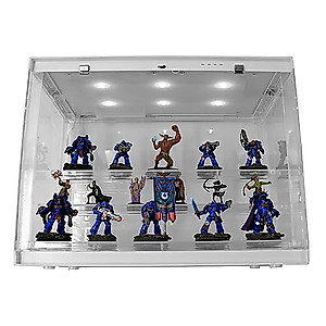 CASEMATIX LED Miniature Display Case with Three Tiered Acrylic Miniature Storage Figure Case Rows, Includes 20 Residue Free Grip Pads Compatible with Standard Miniatures and Large Warhammer 40k, DND