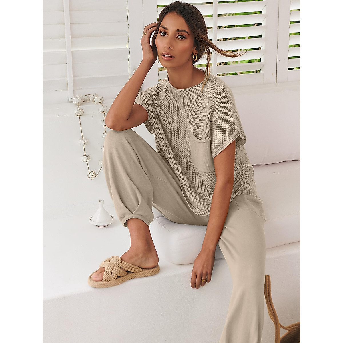 ANRABESS Women's Two Piece Outfits Knit Sweater Vest Crop Top Pants Lounge Matching Tracksuit Sweatsuit Travel Clothes Sets Khaki Small