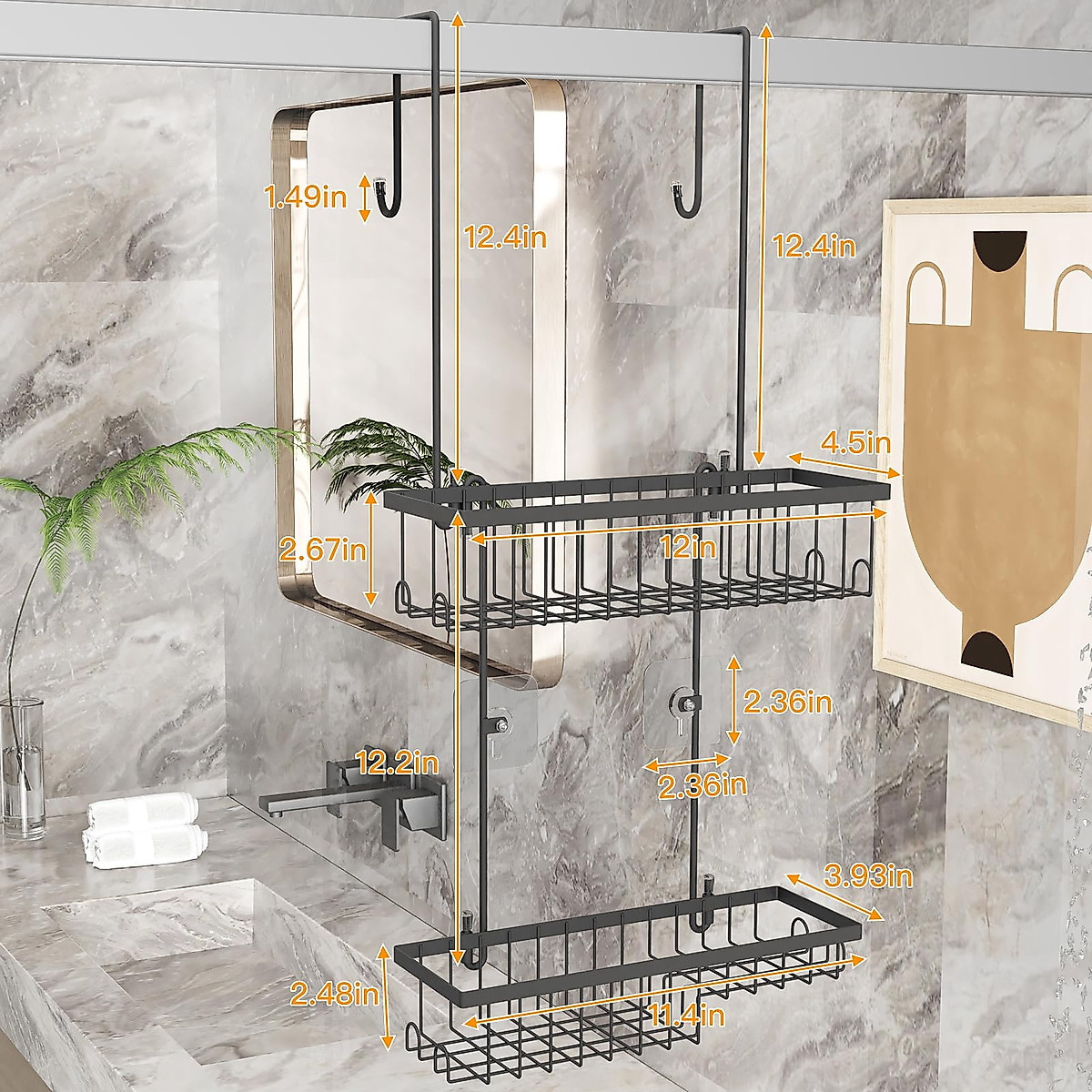 Fixwal Hanging Shower Caddy Over the Door with Soap Holder, No Drilling Adhesive Bathroom Storage Organizer Rack with 10 Hooks Hanging Shelf Basket Rustproof Waterproof Anti-Swing, 2 Tiers