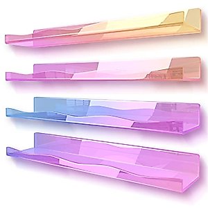 YMVV Large Iridescent Clear Acrylic Wall Mounted Floating Shelf,Room Wall Display Bookshelf,Modern 15.7 in Thickened Bathroom Storage Ledge Shelves Toy Display Organizer Decor 4 Pack