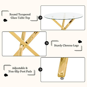 Modern Dining Table Set for 4, 5 PCS 39 Inch Round Tempered Glass Table with PU Leather Chairs for Small Living Room, Dining Room, Kitchen, Black with Gold Base