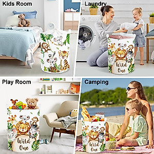 Clastyle 45L Large White Jungle Animals Elephant Kid Laundry Hamper with Handle Collapsible Lion Koala Giraffe Clothes Toy Storage Basket with Lid for Nursery