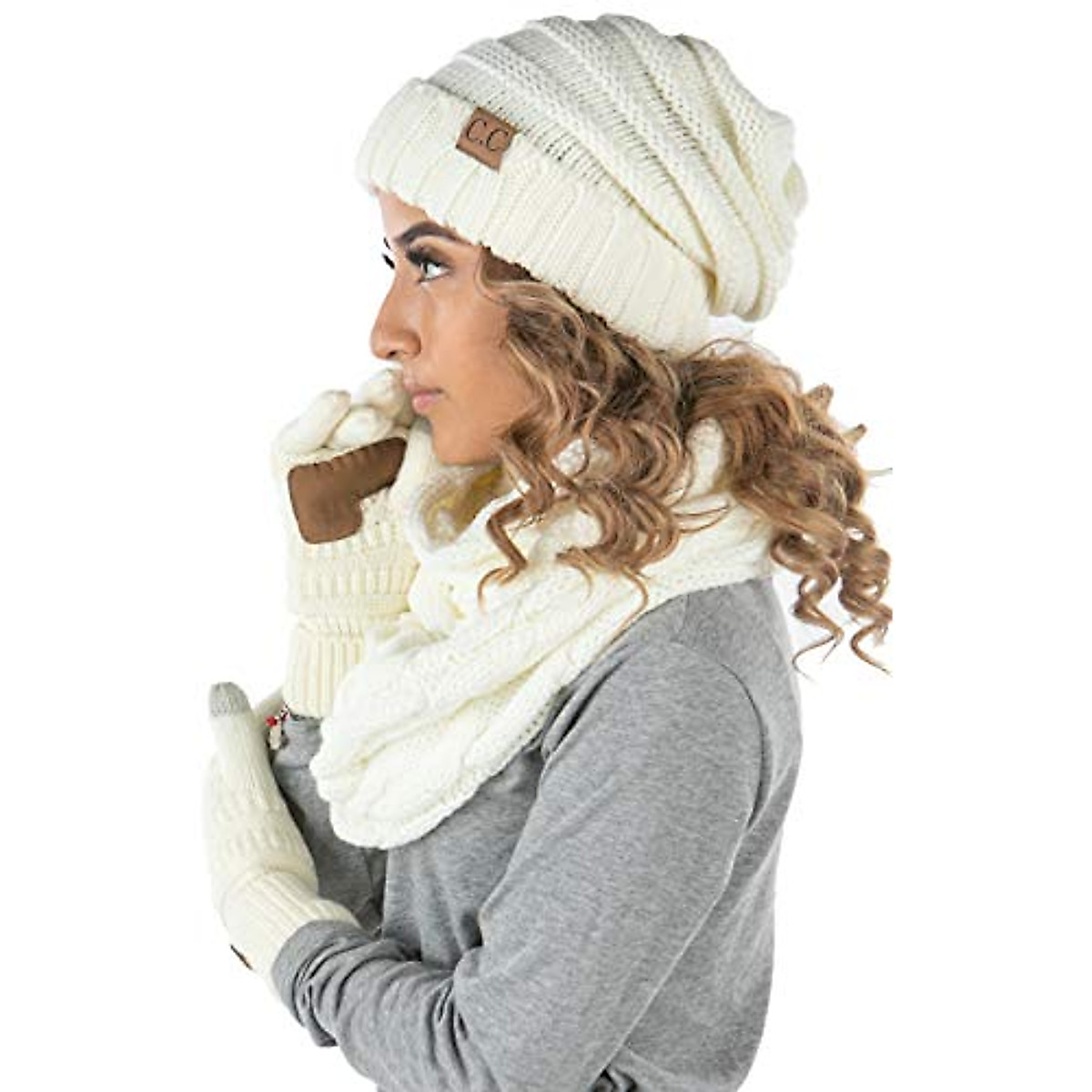 Funky Junque Oversized Beanie, Glove, & Scarf Bundle: Ivory