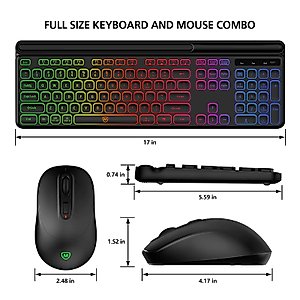 Backlit 2.4G Wireless Keyboard and Mouse Combo, Illuminated Full-Sized Rechargeable Keyboard & Silent Mouse Set with Rainbow Lighting & Integrated Cradle for Macbooks, PC Computer & Laptop