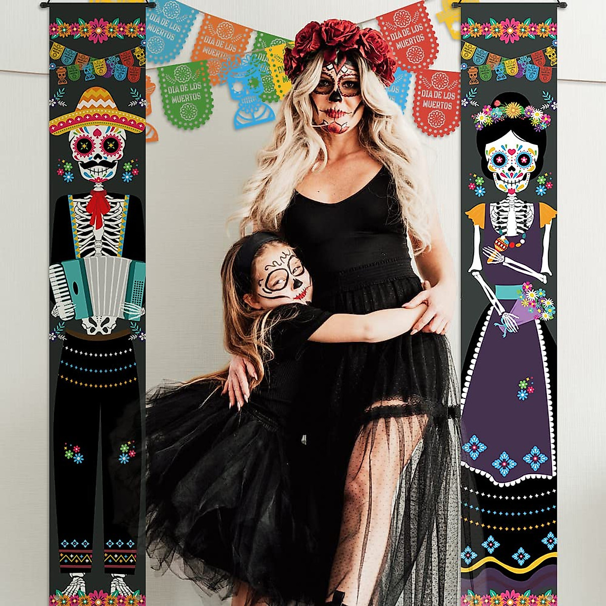 Day of the Dead Banner Decoration, 2 Pieces Dia De Los Muertos Porch Sign Mexico Welcome Hanging Wall Banner for Festival Halloween Indoor Outdoor Events Yard Supplies Decor 11.8 x 70.9 Inch