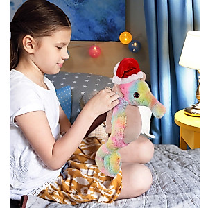 DolliBu Santa Rainbow Seahorse Stuffed Animal Plush Toy - Wild Animal Dress Up with Red Santa Claus Hat, Cute Wildlife Gift, Perfect Holiday with Name Personalization - 15 Inches
