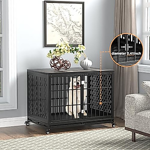 rehomerance 42" Heavy Duty Dog Crate for Large Medium Dogs, Furniture Style cage with 2 Removable Trays, 4 Lockable Wheels and 2 Locks, Decorative Pet House Wooden Cage Kennel Furniture Indoor
